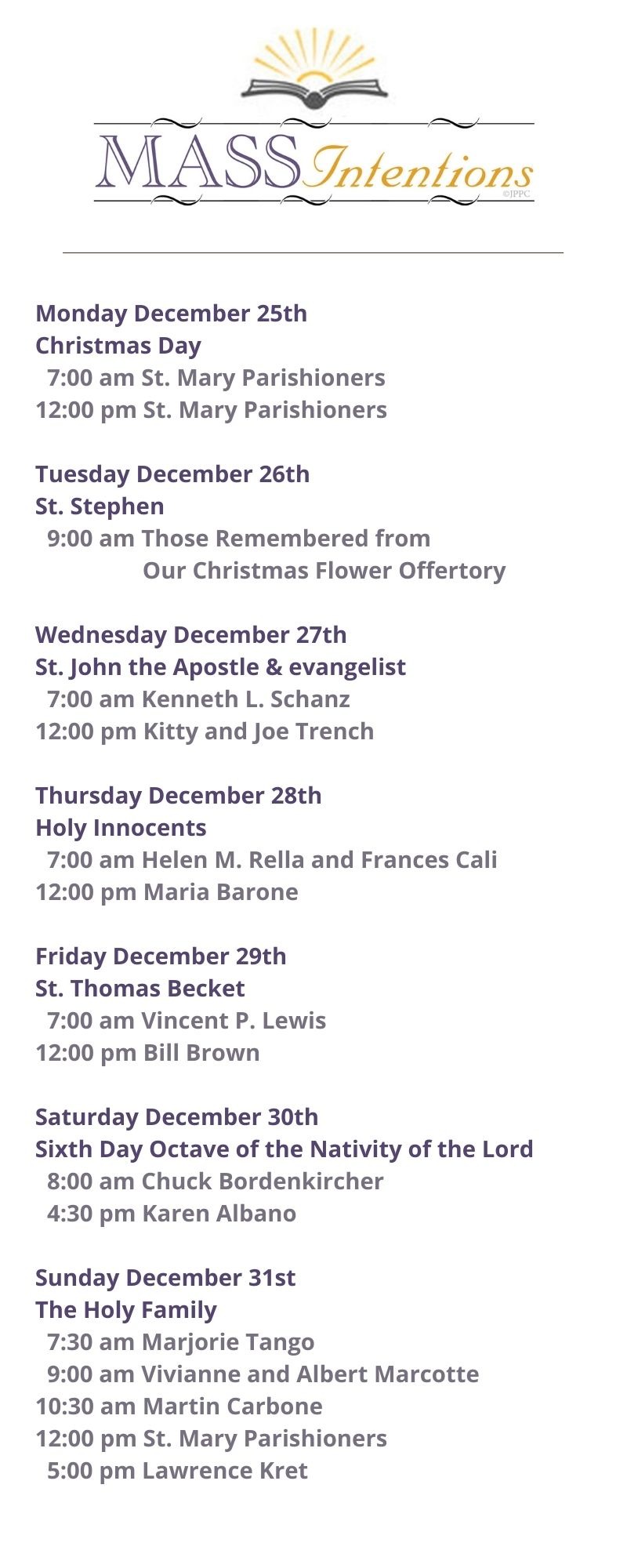 Mass Intentions | St. Mary Parish | Ridgefield, CT